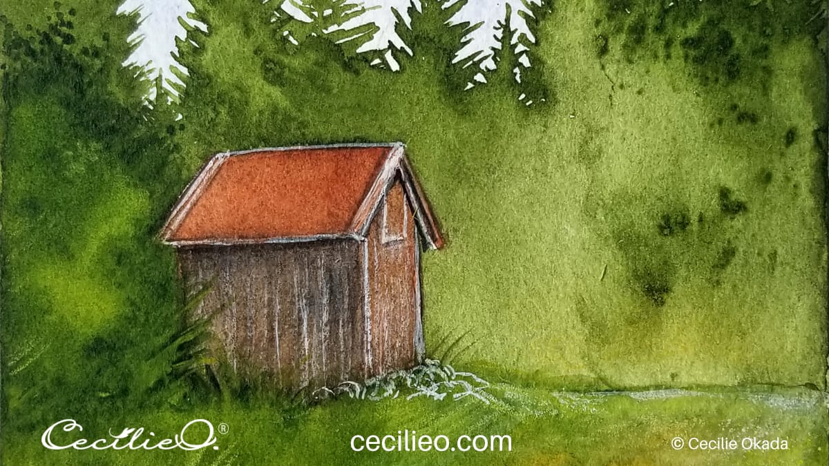 Watercolor Pine Trees Tutorial With Old Shed