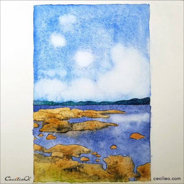 Easy Watercolor Landscape Tutorial With Sea and Clouds